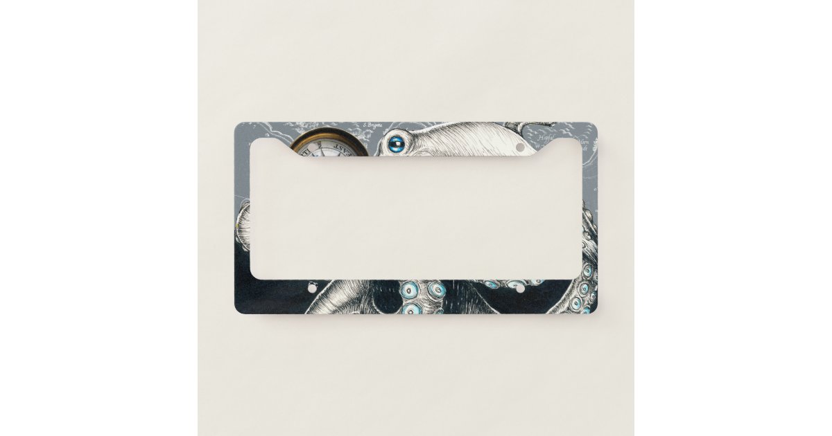 Octopus Grey Compass Vintage Map Ink License Plate Frame | Zazzle