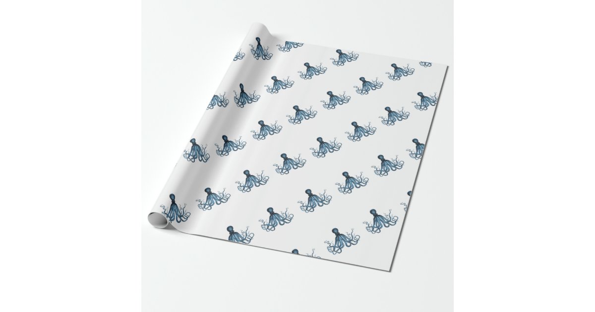 Octopus kraken nautical coastal ocean beach blue wrapping paper | Zazzle