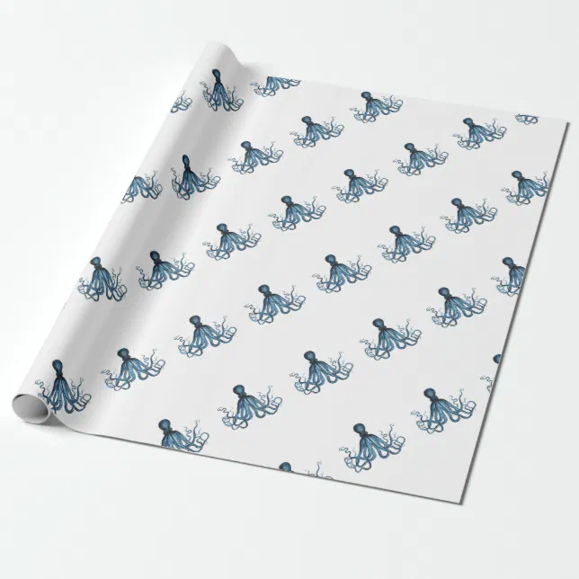 Octopus kraken nautical coastal ocean beach blue wrapping paper | Zazzle
