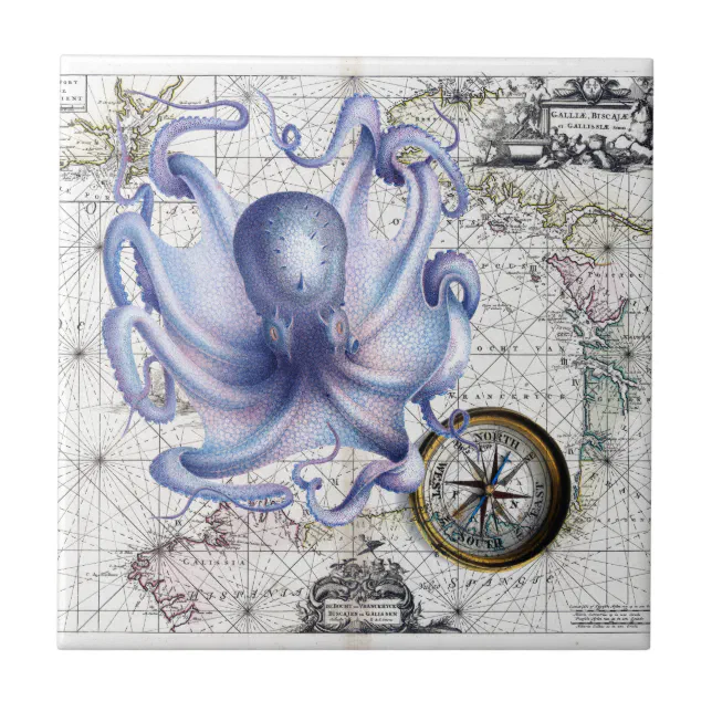 Octopus Map Nautica Tile | Zazzle