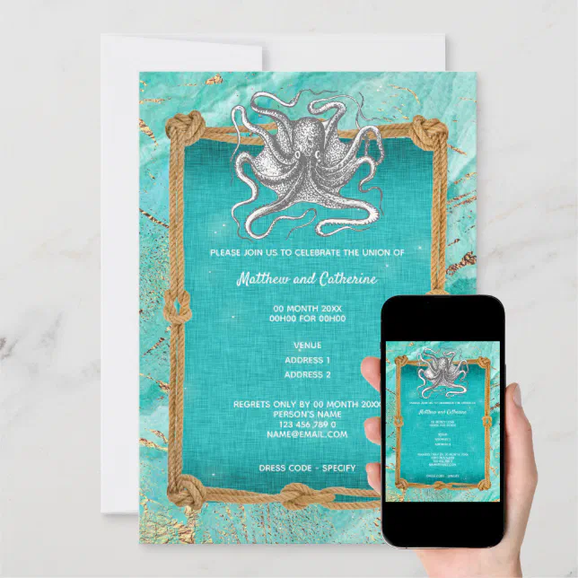 Octopus rope frame ocean blue gold nautical invitation | Zazzle