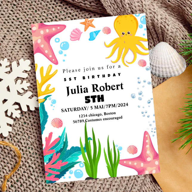 octopus Sea Animals watercolor birthday invitation | Zazzle