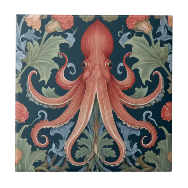 Octopus Squid William Morris style Sea Ocean Life Ceramic Tile | Zazzle