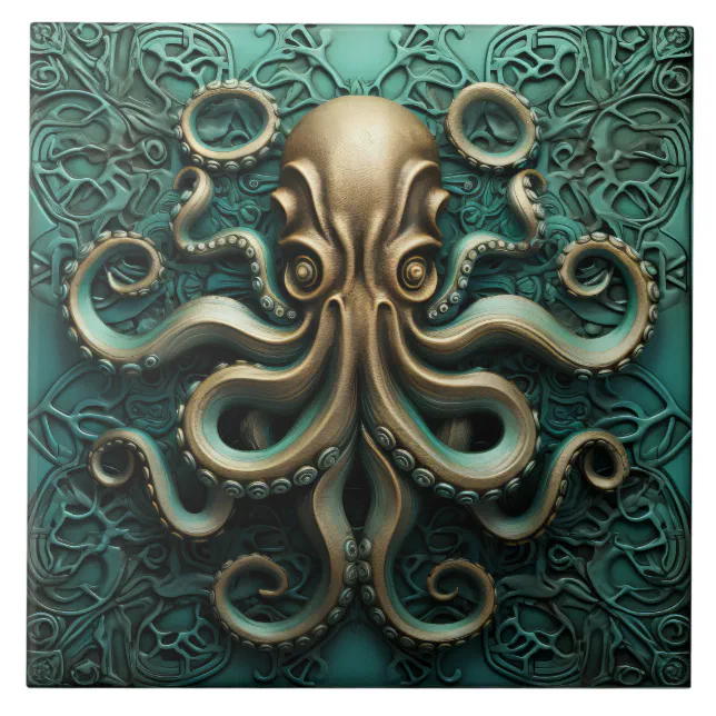 Octopus Teal and Copper Marine Life Aquatic Ceramic Tile | Zazzle