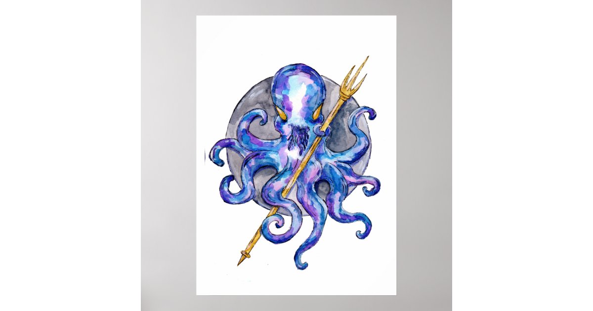 Octopus with Trident Watercolor Poster | Zazzle
