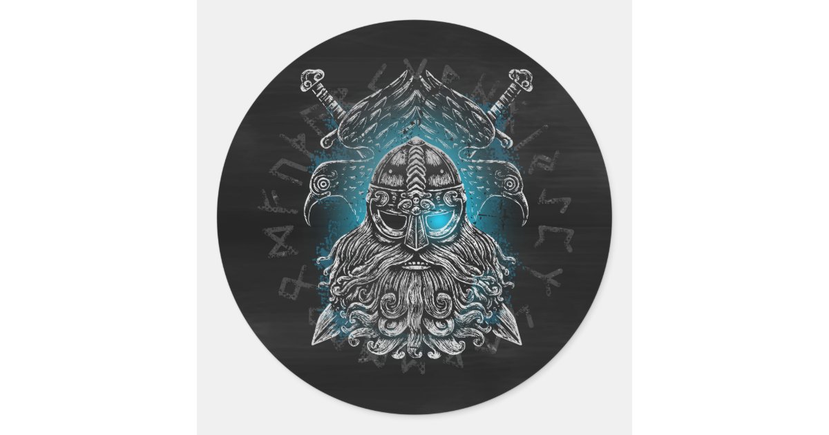Odin with ravens and swords Viking Mythology blue Classic Round Sticker ...