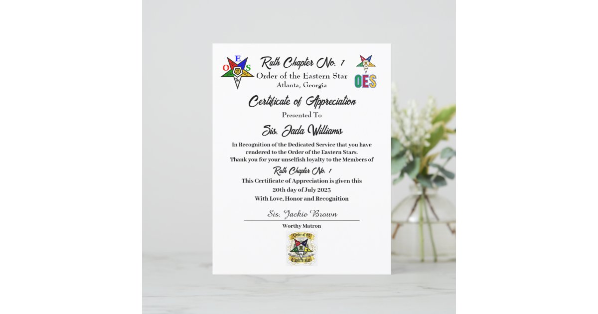 OES Certificate of Appreciation | Zazzle