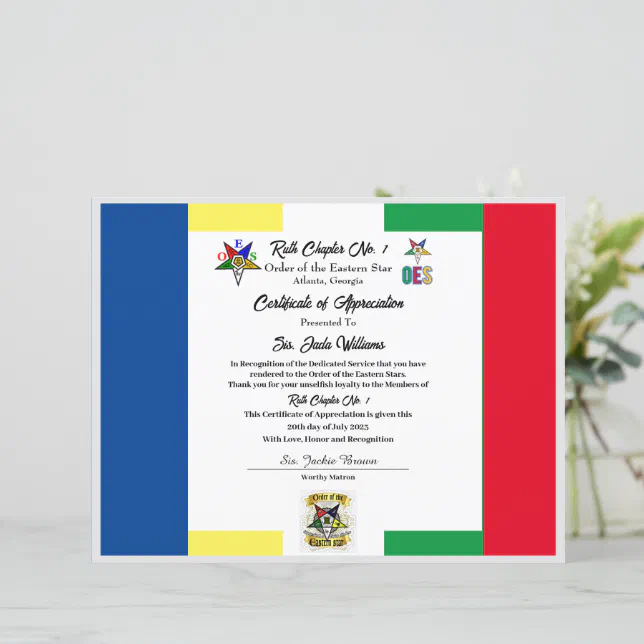 OES Certificate of Appreciation | Zazzle