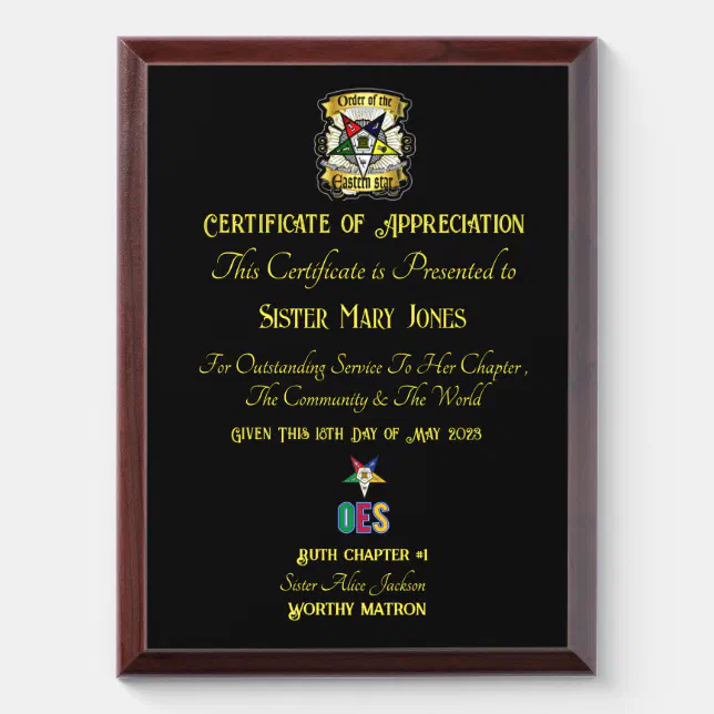 OES Certificate of appreciation Award Plaque | Zazzle