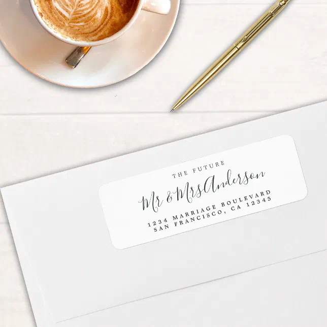 Off-Black Script Future Mr Mrs Return Address Label | Zazzle