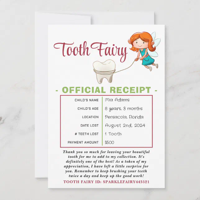 Official Tooth Fairy Receipt Certificate Invitation | Zazzle