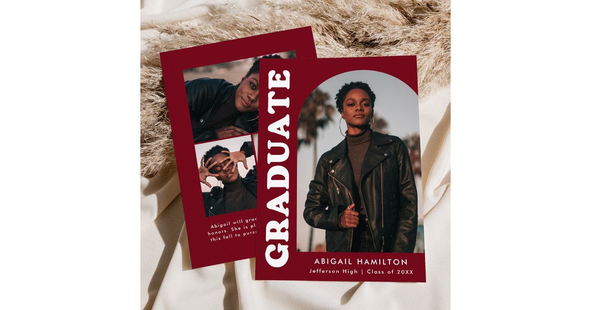 Offset Arch Burgundy 4 Photo Graduation Announcement | Zazzle