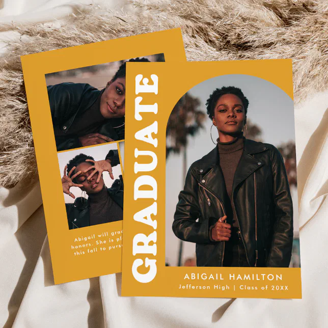 Offset Arch Yellow-Orange 4 Photo Graduation Announcement | Zazzle