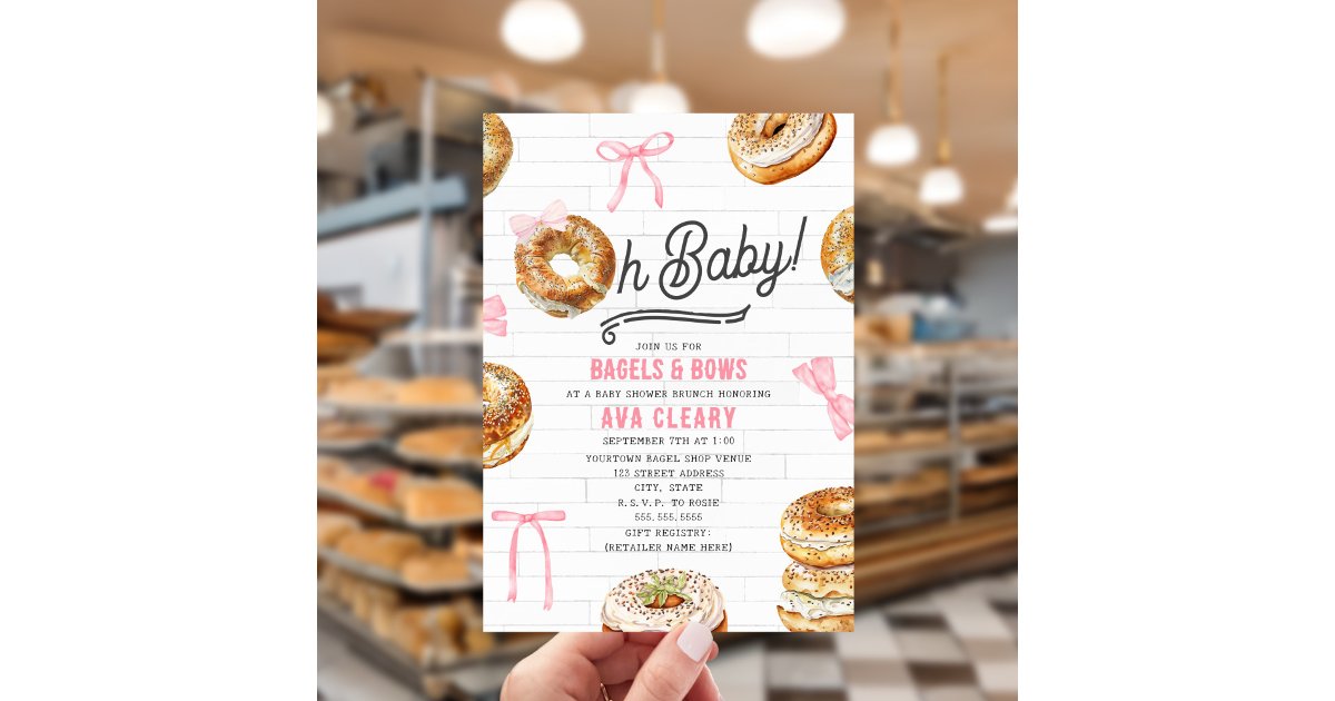Oh Baby Bagels & Bows Pink Baby Shower Brunch Invitation | Zazzle