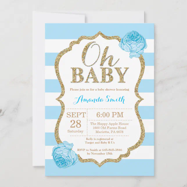 Oh Baby Blue and Gold Baby Shower Invitation | Zazzle