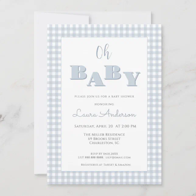 Oh Baby Blue Gingham Check Boy Baby shower Invitation | Zazzle