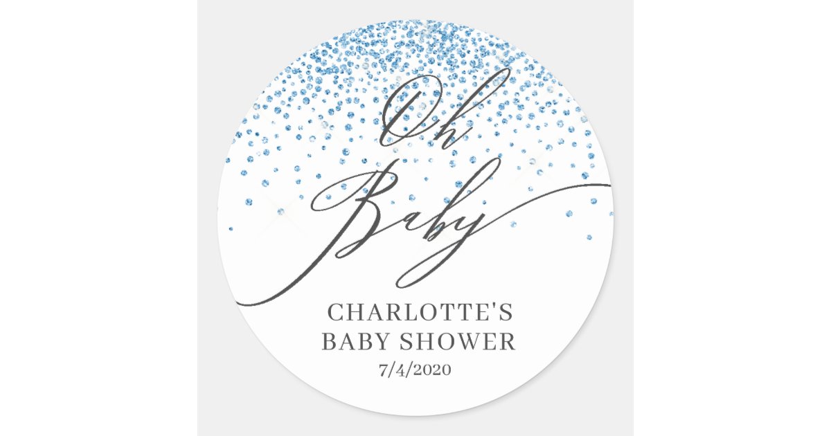 Oh Baby Blue Glitter Favor Sticker | Zazzle