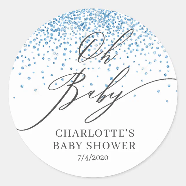 Oh Baby Blue Glitter Favor Sticker | Zazzle
