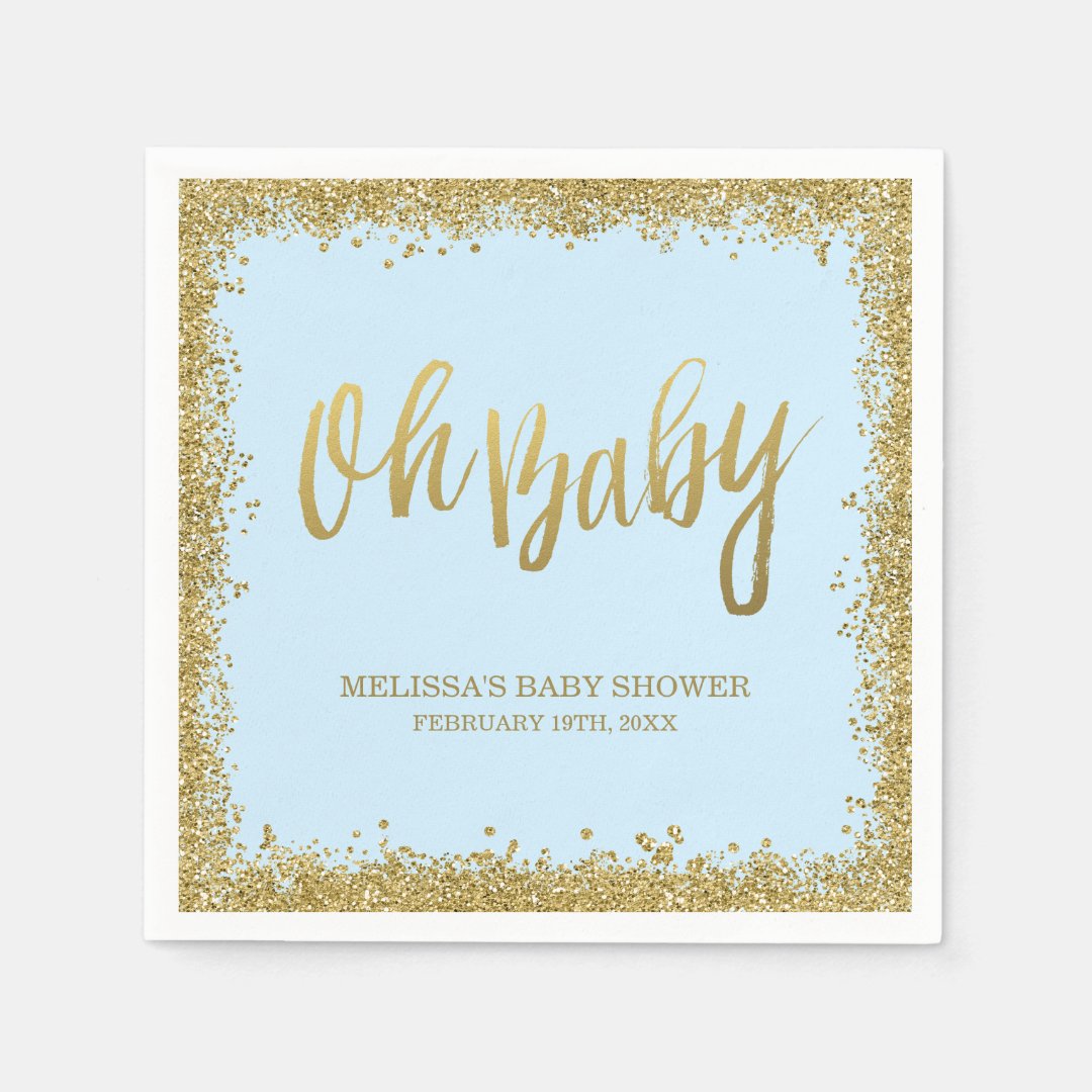 Oh Baby Blue Gold Glitter Baby Shower Paper Napkins | Zazzle