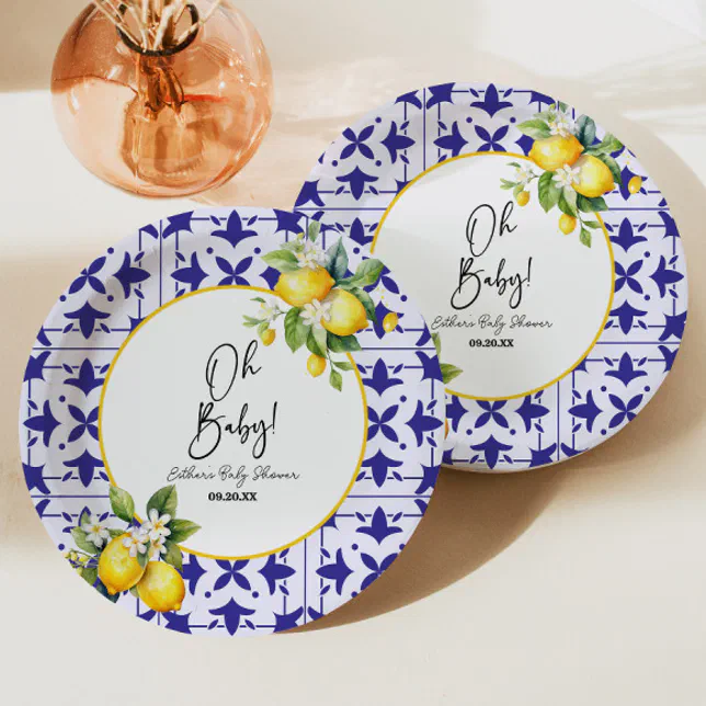 Oh Baby! Blue Mediterranean Tile Lemon Baby Shower Paper Plates | Zazzle
