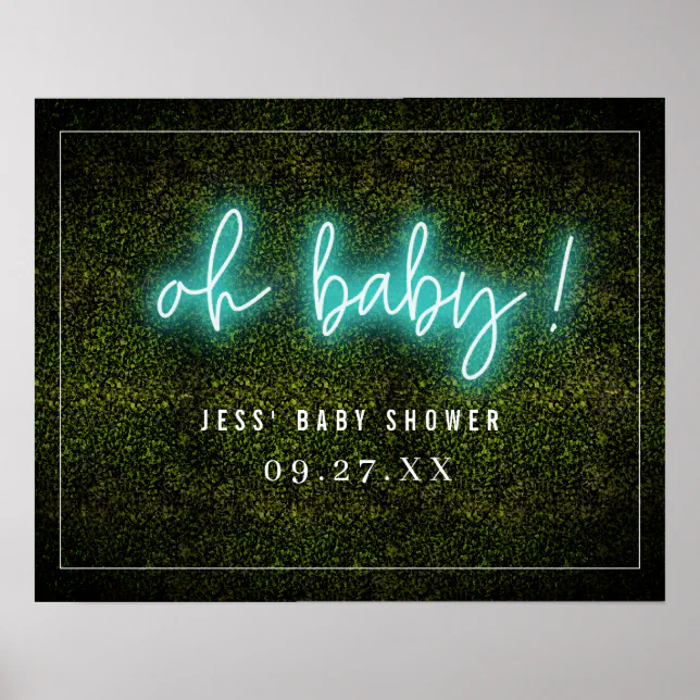 Oh Baby Blue Neon Boxwood Baby Shower Poster | Zazzle