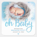 Oh Baby Blue Script Sweet Modern Boy Birth Photo Square Sticker | Zazzle