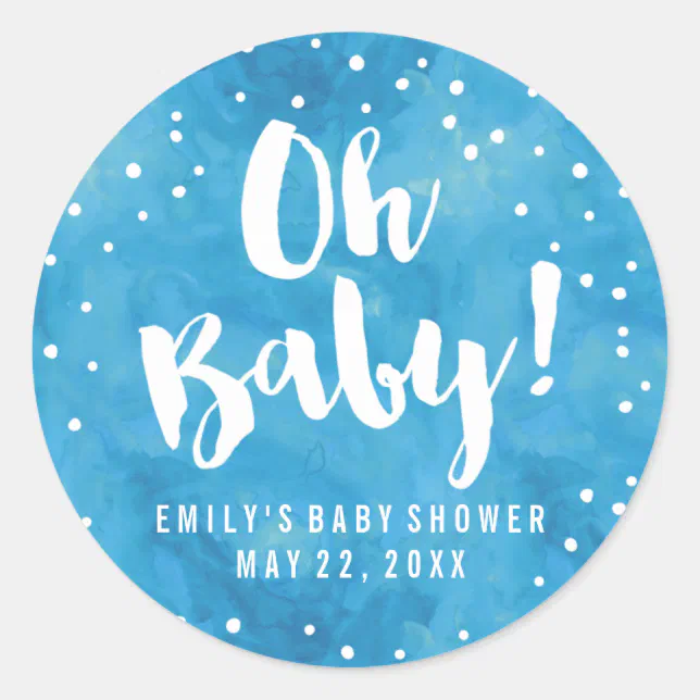 Oh Baby Blue Watercolor Baby Shower Classic Round Sticker | Zazzle