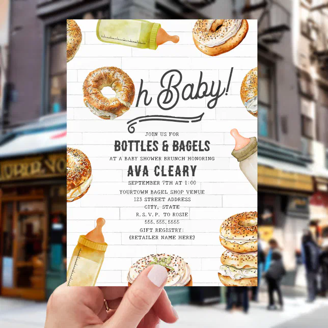 Oh Baby Bottles & Bagels Baby Shower Brunch Invitation | Zazzle