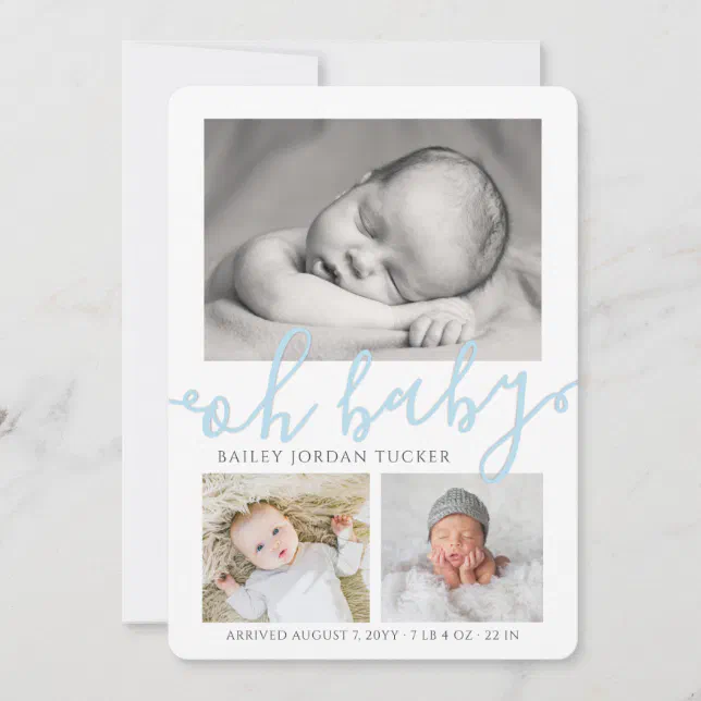 Oh Baby Boy Blue Script Collage Photo Birth Announcement | Zazzle