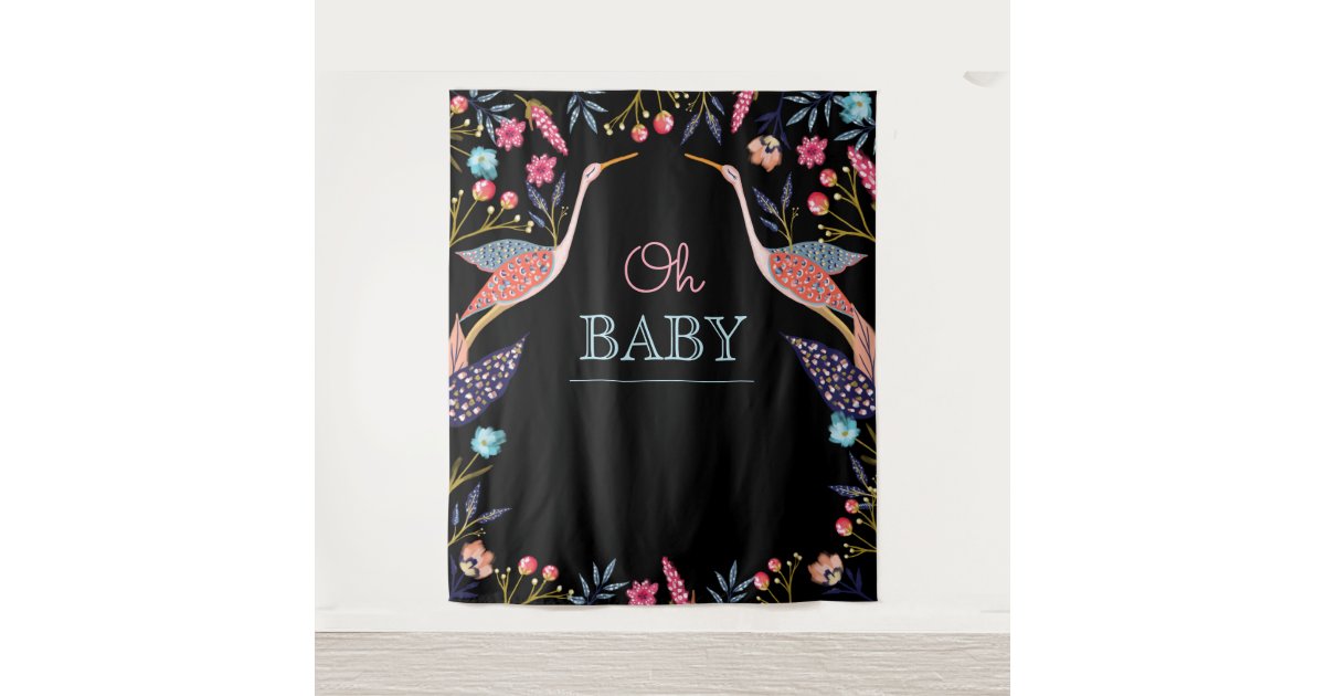 Oh Baby | Chic Floral Botanical Stork Baby Shower Tapestry | Zazzle