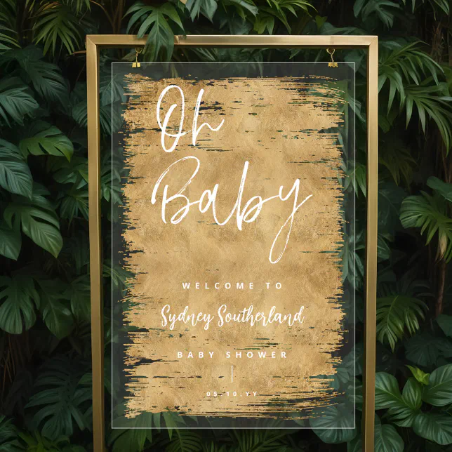 Oh Baby Gold Brush Stroke Script Baby Shower Acrylic Sign | Zazzle