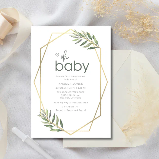 Oh Baby Greenery and Gold Baby Shower Invitation | Zazzle