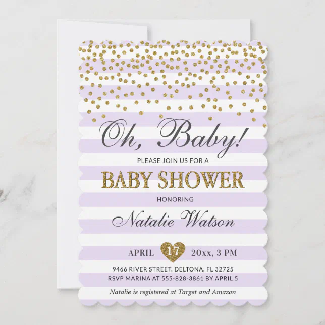Oh Baby Lavender Purple and Gold Girl Baby Shower Invitation | Zazzle
