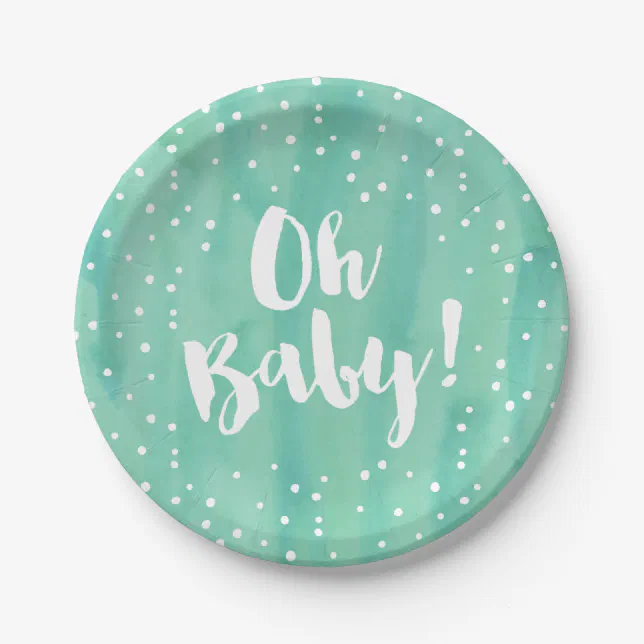 Oh Baby Mint Watercolor Baby Shower Paper Plates | Zazzle