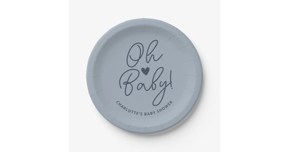 Oh Baby Modern Dusty Blue Boy Baby Shower Custom Paper Plates | Zazzle