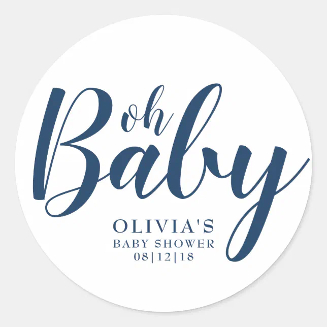 Oh Baby - Navy Blue Baby Shower Classic Round Sticker | Zazzle