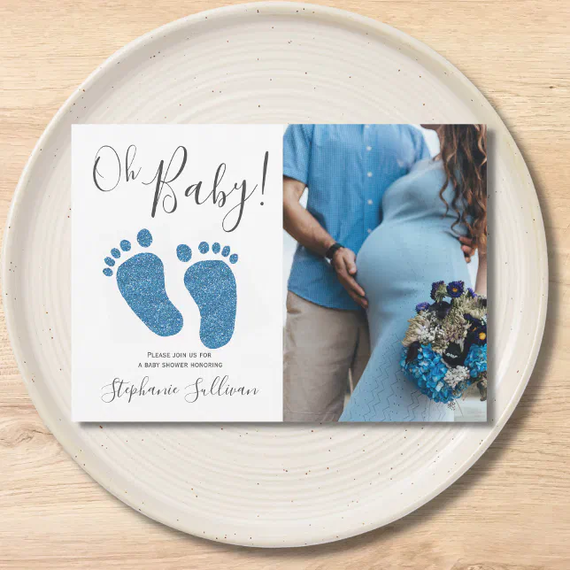Oh Baby Photo Blue Boy Baby Shower Invitation | Zazzle