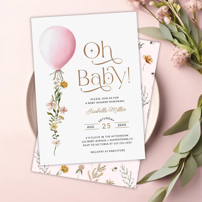 Oh Baby Pink Balloon Floral Baby Shower Invitation | Zazzle
