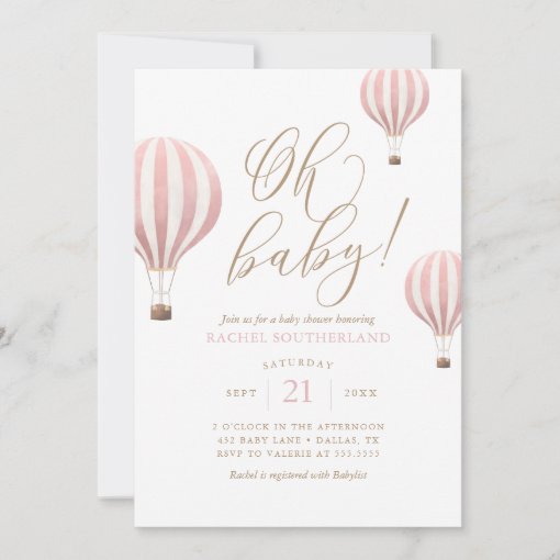 Oh Baby Pink Hot Air Balloon Baby Shower Invitatio Invitation | Zazzle