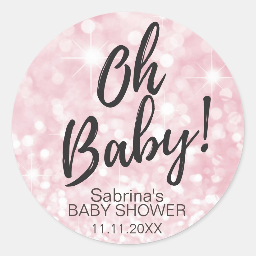 OH BABY! Pink Sparkle Glitter Baby Shower Girl Classic Round Sticker ...