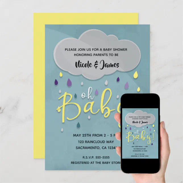 Oh Baby Rain Shower Cloud Weather Unisex Sprinkle Invitation | Zazzle