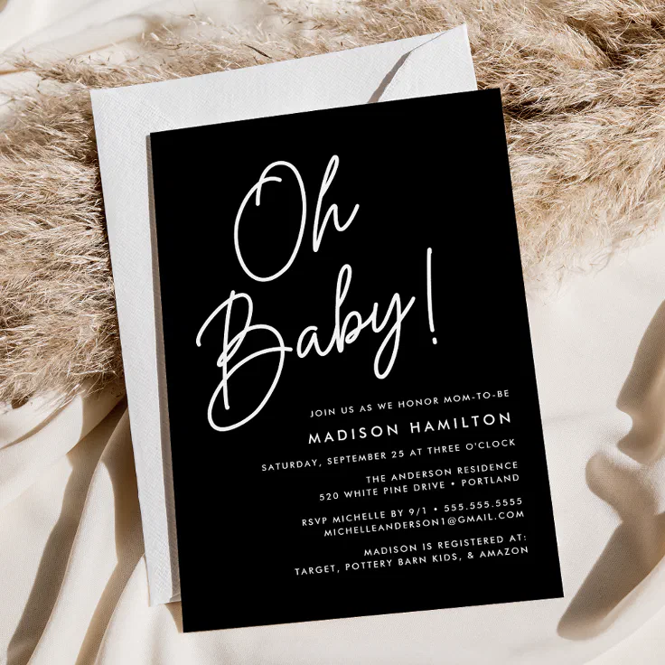 Oh Baby Script Black Minimalist Baby Shower Invitation | Zazzle
