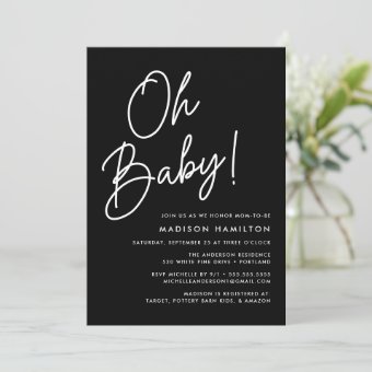 Oh Baby Script Black Minimalist Photo Baby Shower Invitation | Zazzle