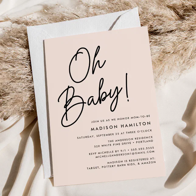 Oh Baby Script Blush Minimalist Baby Shower Invitation | Zazzle