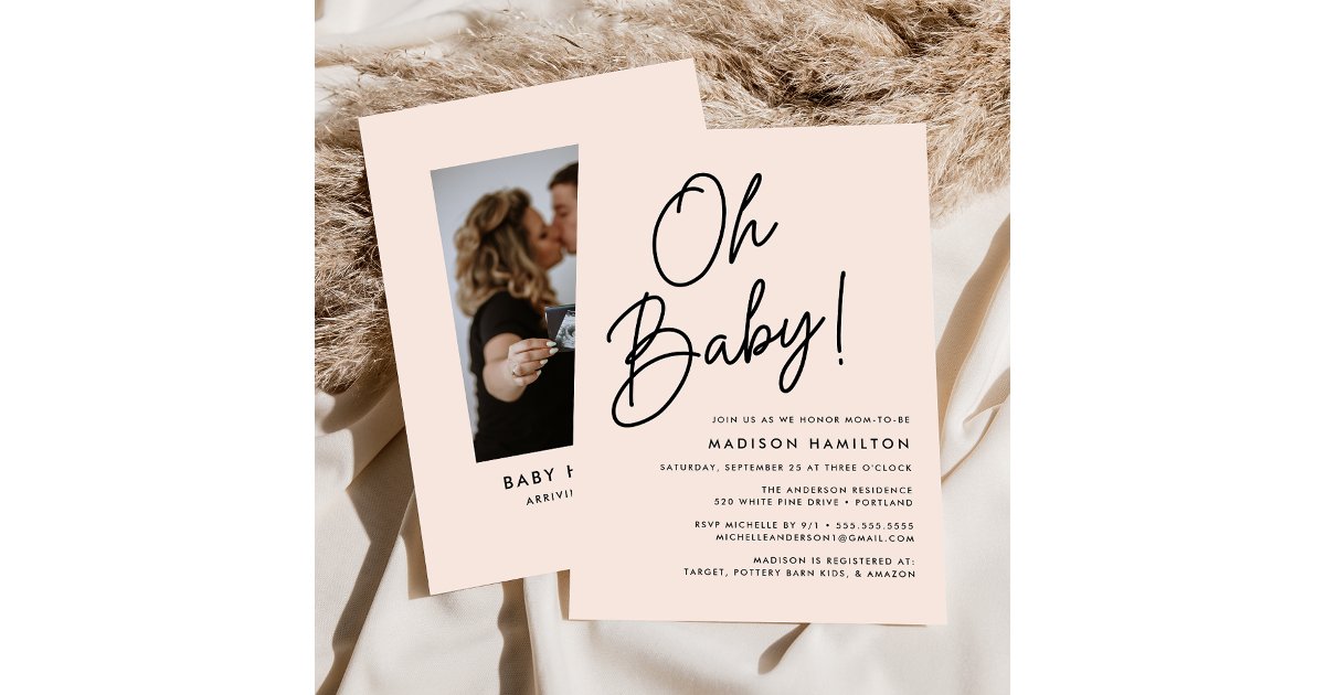 Oh Baby Script Blush Minimalist Photo Baby Shower Invitation | Zazzle