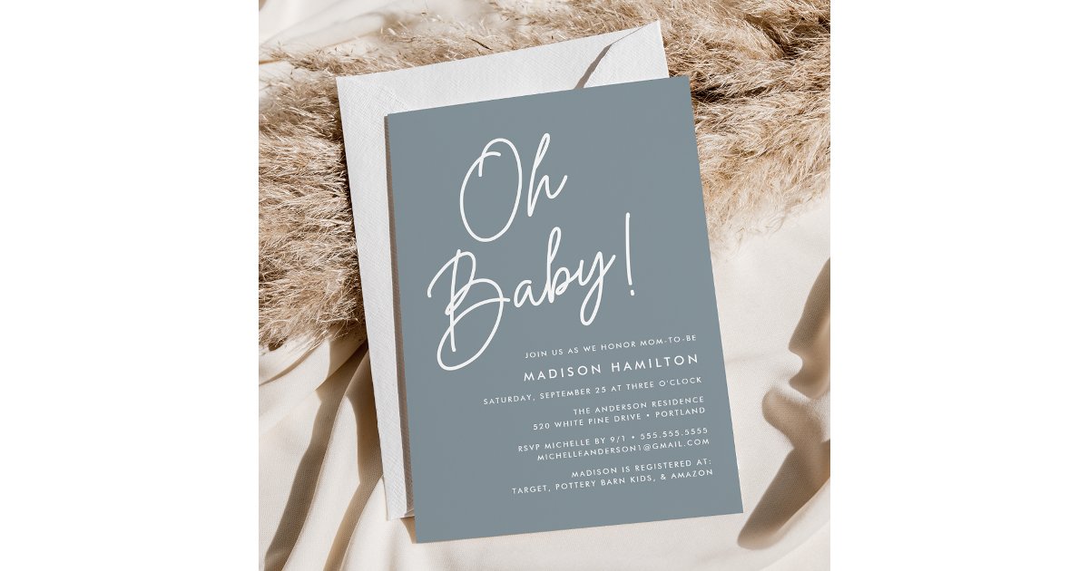 Oh Baby Script Dusty Blue Minimalist Baby Shower Invitation | Zazzle