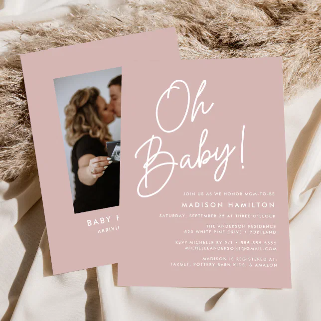 Oh Baby Script Dusty Rose Photo Baby Shower Invitation | Zazzle
