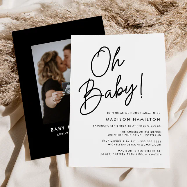 Oh Baby Script Minimalist Photo Baby Shower Invitation | Zazzle