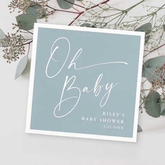 Oh Baby Script Modern Dusty Blue Baby Shower Napkins | Zazzle