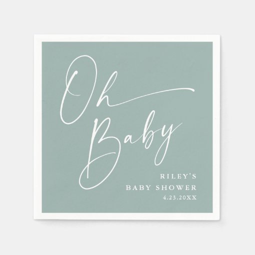 Oh Baby Script Modern Sage Green Baby Shower Napkins | Zazzle